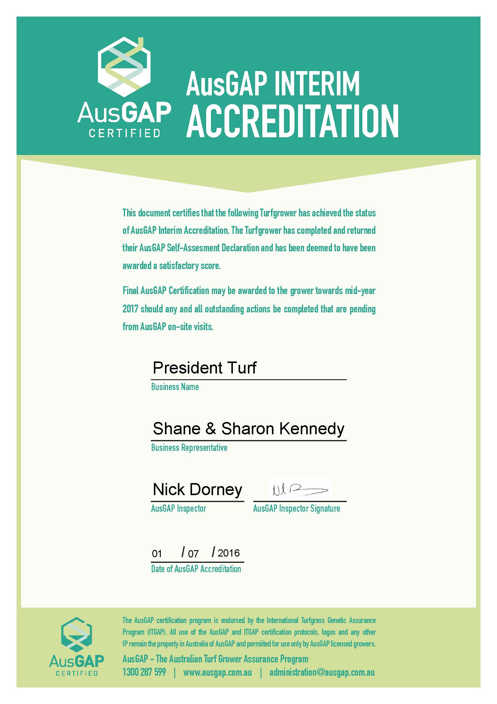 AusGAP Certified Turf Producer of Sir Walter, Kikuyu, Couch & Zoysia